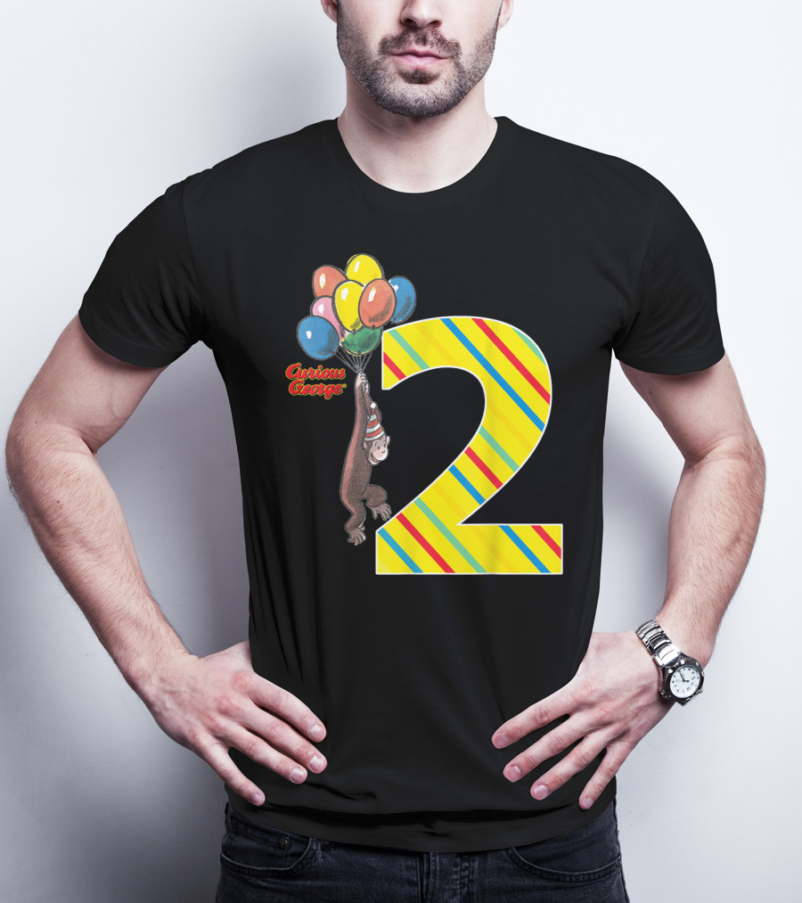 Curious George Holding Balloons Next To Colorful Striped Number 2 For Second Birthday T-Shirt