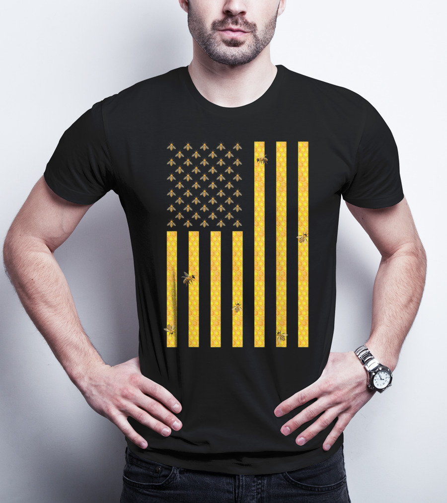 American Flag Honeycomb Honey Bee Beekeeping Beekeeper USA Patriotic T-Shirt