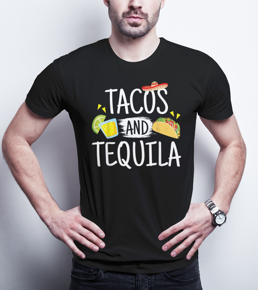 Tacos And Tequila Mexican Sombrero With Lime Slice And Taco Icons T-Shirt