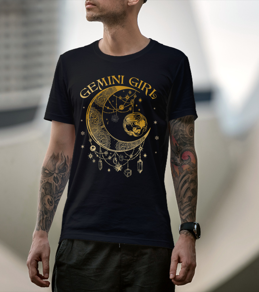 Gemini Girl Zodiac Henna Moon With Crystals And Stars T-Shirt