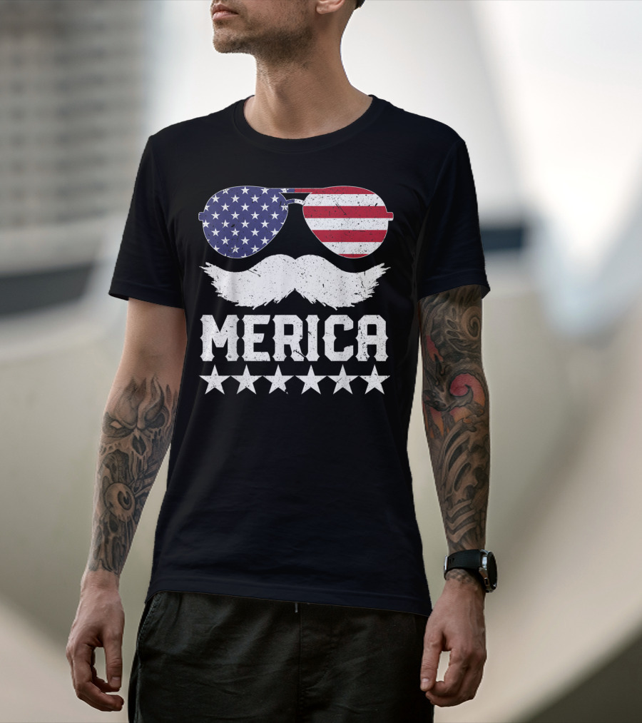 MERICA USA Flag Mustache Sunglasses Stars Independence Day T-Shirt