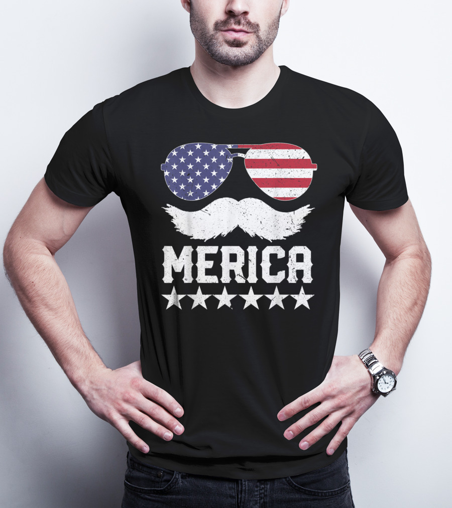 MERICA USA Flag Mustache Sunglasses Stars Independence Day T-Shirt