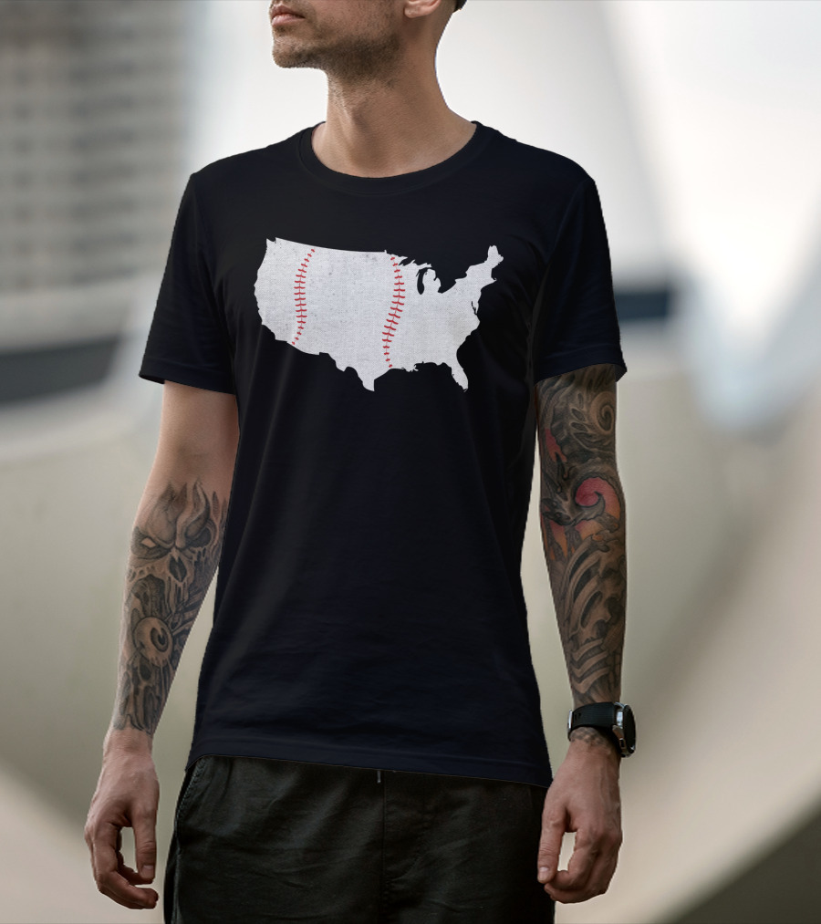 Baseball Is America's Pastime USA Map Stitch T-Shirt