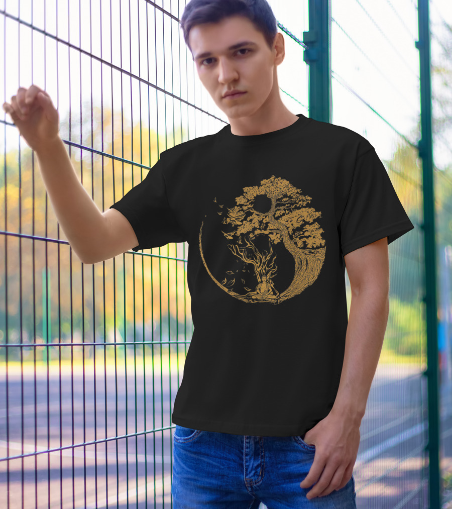 Bonsai Tree And Meditative Buddha Enclosed In Circular T-Shirt
