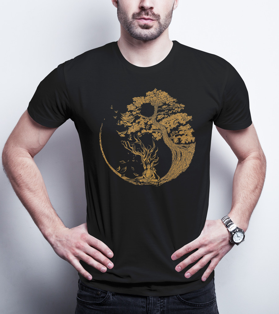 Bonsai Tree And Meditative Buddha Enclosed In Circular T-Shirt