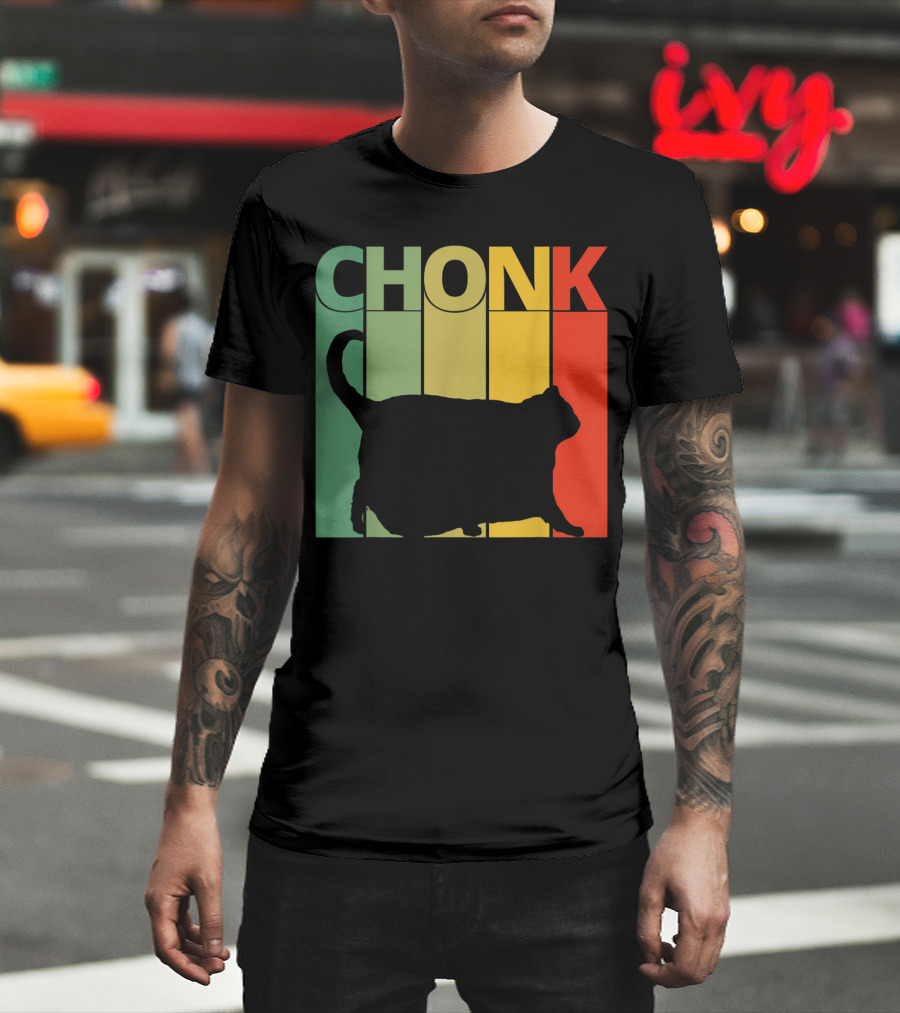 Chonk Cat Meme Funny Big Chungus Retro Stripes T-Shirt