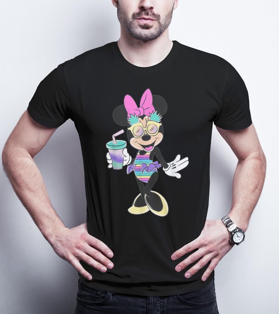 Disney Minnie Mouse Striped Swimsuit With Unicorn Colors And Pineapple Sunglasses T-Shirt