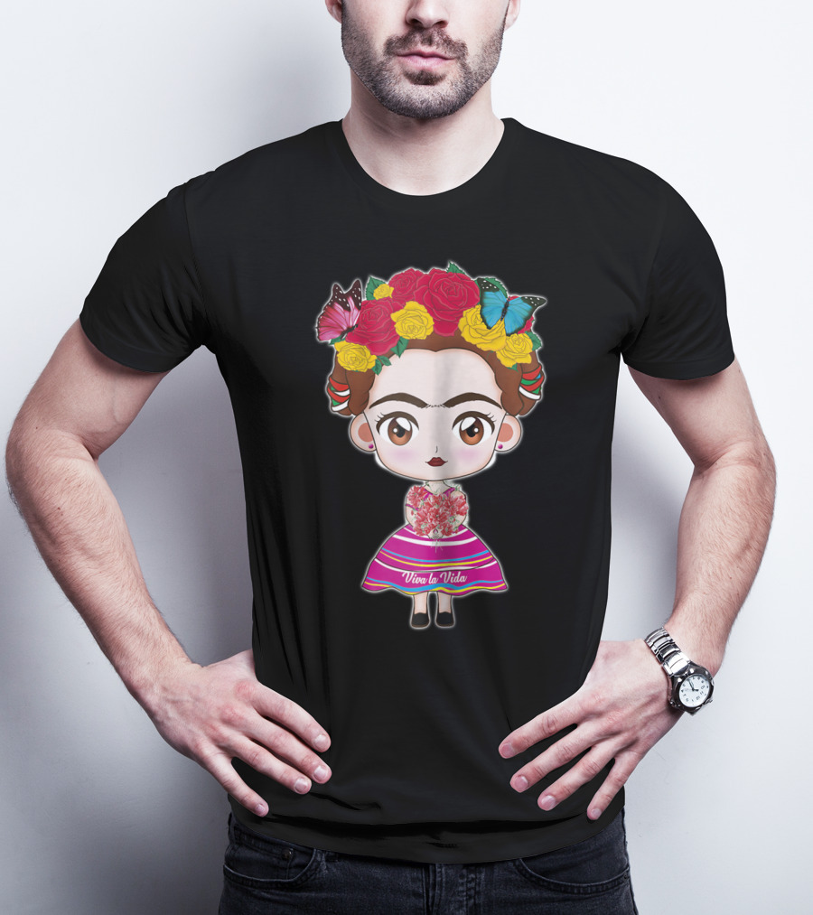 Viva Mexico Viva La Vida Mexican Frida With Flower Crown And Butterflies T-Shirt