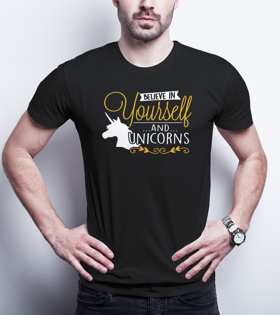 Believe In Yourself And Unicorns Head Graphic Whimsical Font T-Shirt