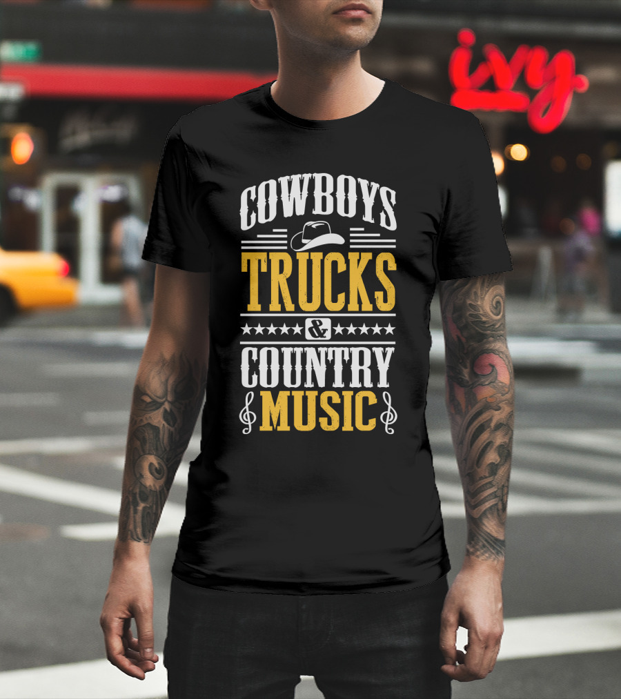 Cowboys Trucks And Country Music With Stars And Musical Notes T-Shirt