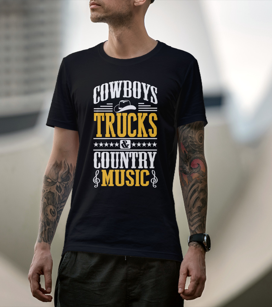 Cowboys Trucks And Country Music With Stars And Musical Notes T-Shirt