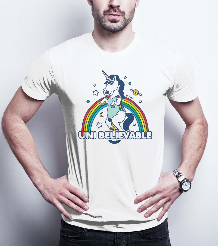 UNI BELIEVABLE Rainbow Unicorn Unicycle Planet Stars U+2605 T-Shirt