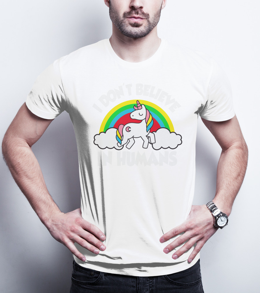 Unicorns I Don't Believe In Humans Rainbow Cloud T-Shirt