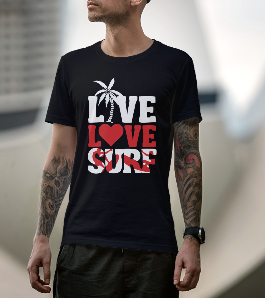 Live Love Surf Palm Tree Heart Ocean Waves T-Shirt