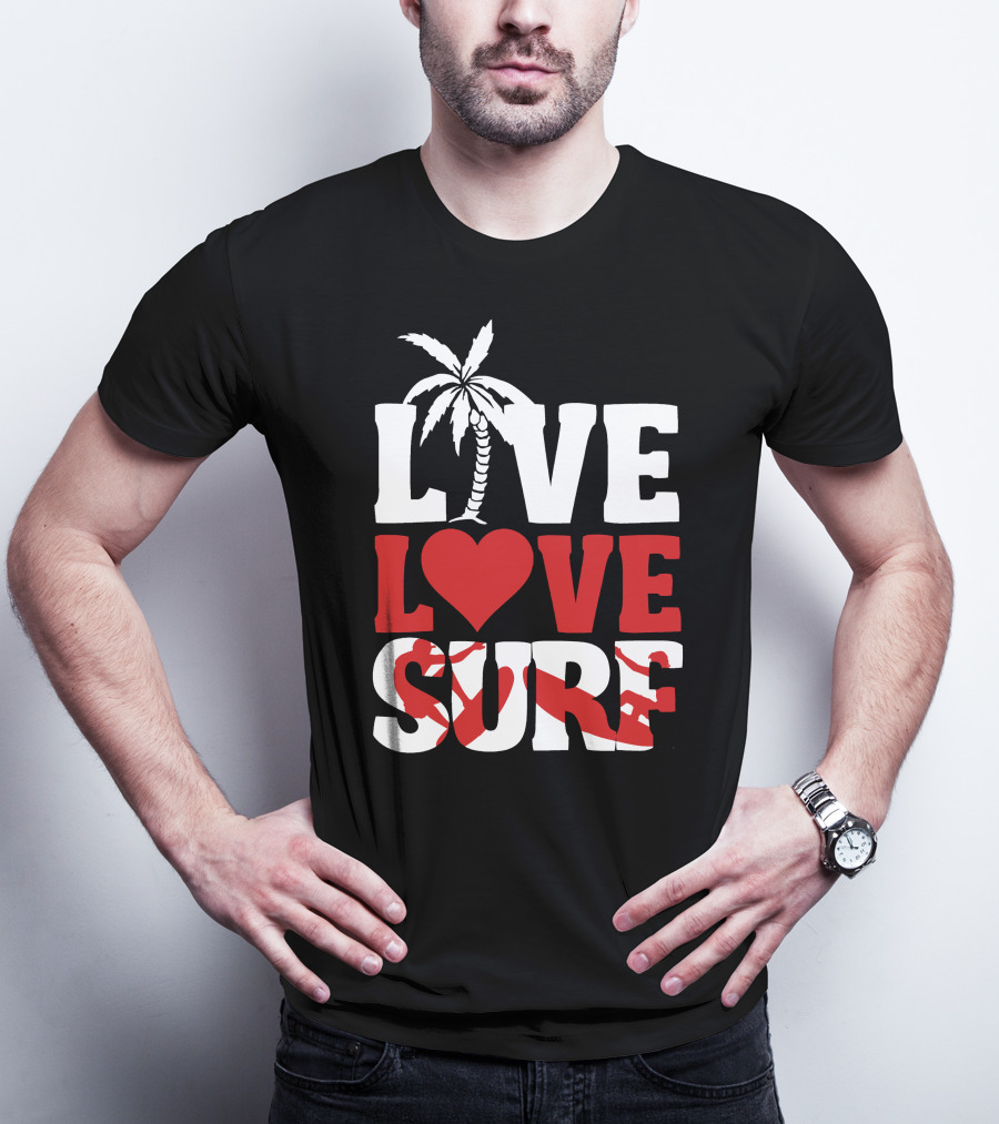 Live Love Surf Palm Tree Heart Ocean Waves T-Shirt