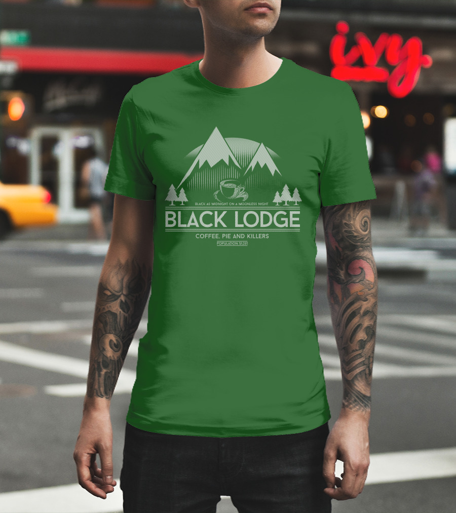 Black Lodge Coffee Pie Killers Black As Midnight On A Moonless Night Population 51201 T-Shirt