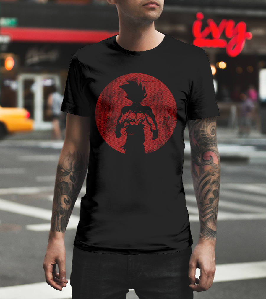 Crimson Saiyan Silhouette Against Red Moon T-Shirt
