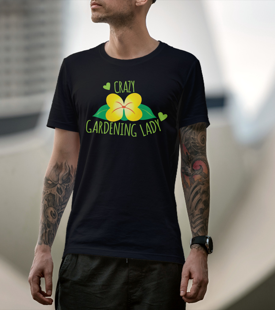 Crazy Gardening Lady Yellow Flower And Green Hearts T-Shirt
