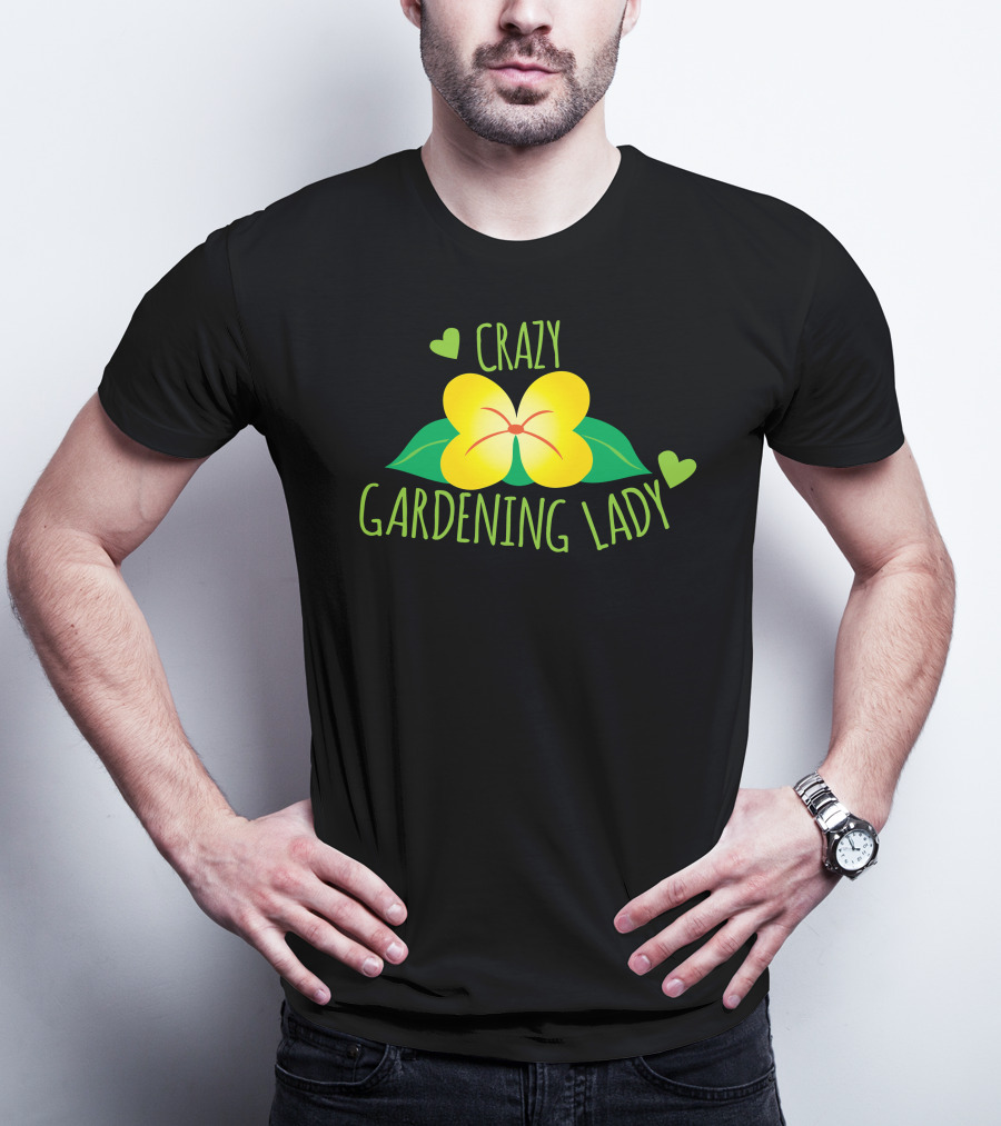 Crazy Gardening Lady Yellow Flower And Green Hearts T-Shirt