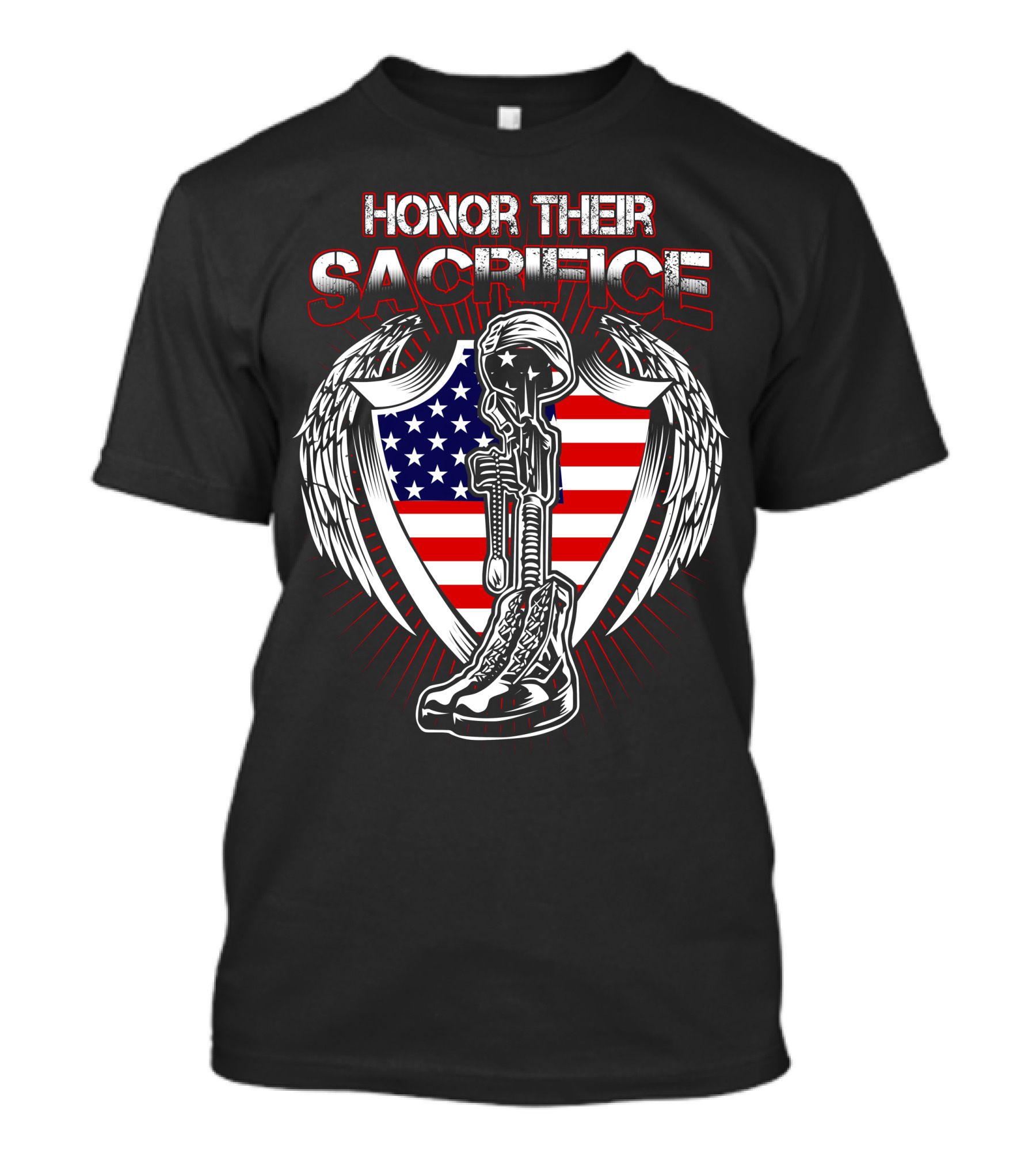 HONOR THEIR SACRIFICE American Flag Winged Soldier Memorial Helmet And Boots T-Shirt