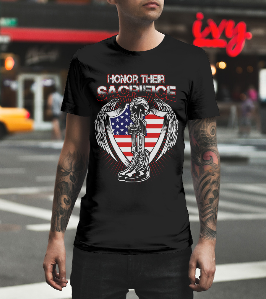 HONOR THEIR SACRIFICE American Flag Winged Soldier Memorial Helmet And Boots T-Shirt