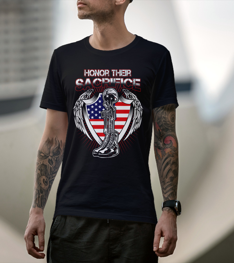 HONOR THEIR SACRIFICE American Flag Winged Soldier Memorial Helmet And Boots T-Shirt