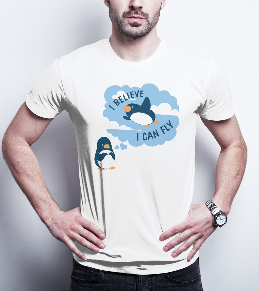 I Believe I Can Fly Penguin Dreaming Clouds T-Shirt