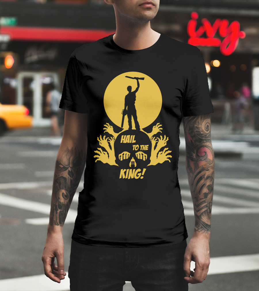 Hail To The King Skeleton Moon Chainsaw Hero With Zombie Hands T-Shirt