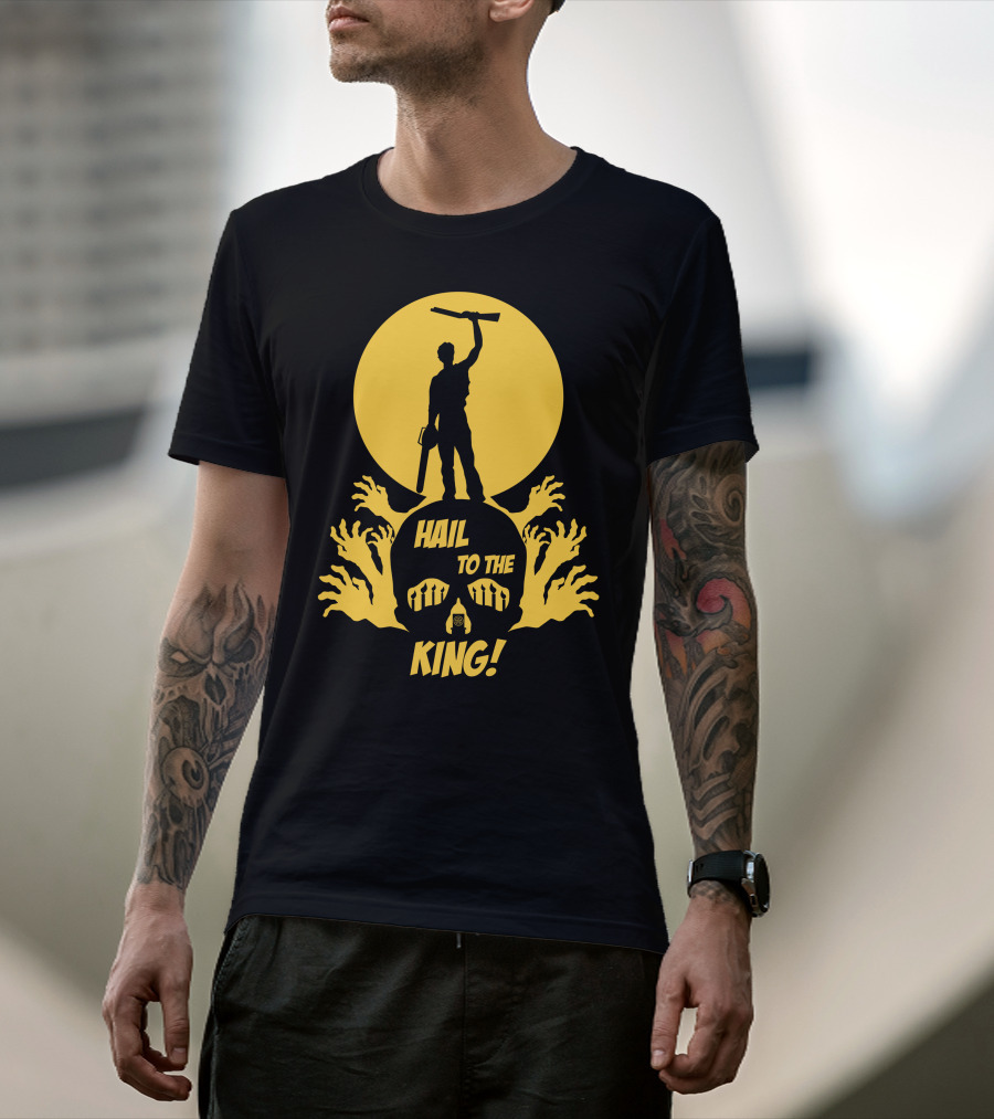 Hail To The King Skeleton Moon Chainsaw Hero With Zombie Hands T-Shirt