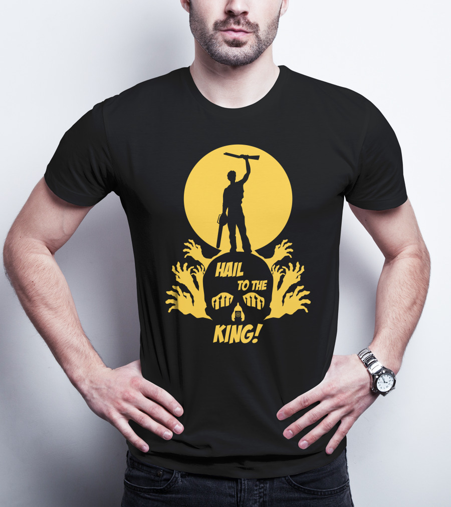 Hail To The King Skeleton Moon Chainsaw Hero With Zombie Hands T-Shirt
