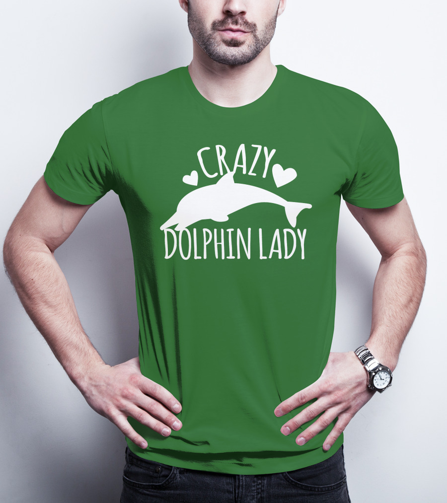 CRAZY DOLPHIN LADY Hearts And Dolphin Silhouette On Green T-Shirt