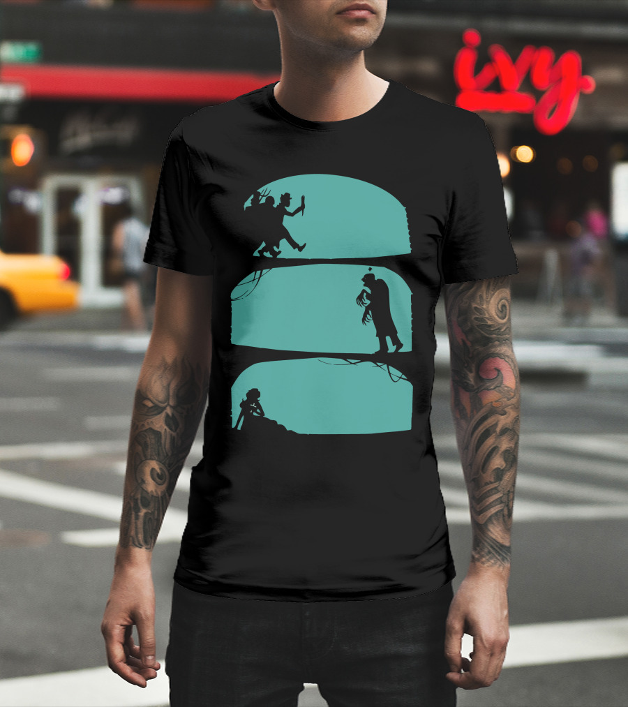 Hunt The Zombie Silhouette Chase With Weapon, Creeping Figure, And Hiding Woman T-Shirt