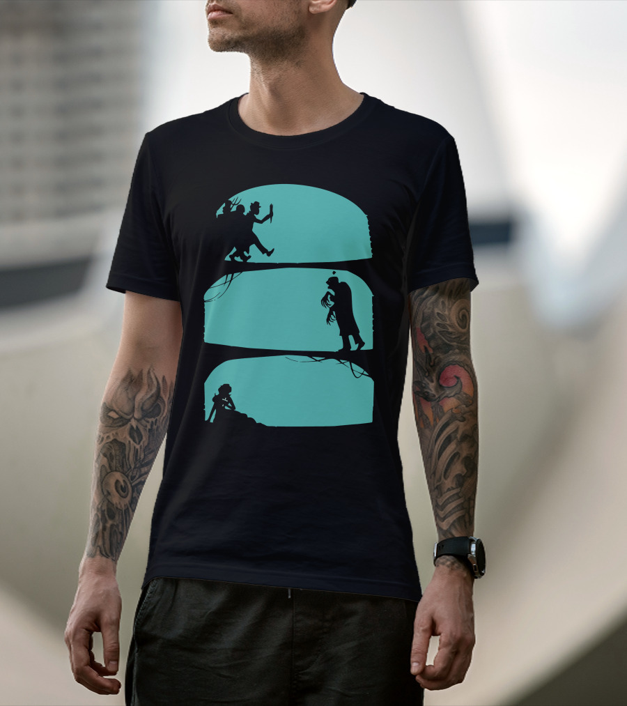 Hunt The Zombie Silhouette Chase With Weapon, Creeping Figure, And Hiding Woman T-Shirt