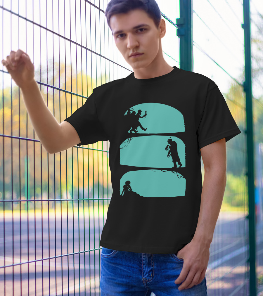Hunt The Zombie Silhouette Chase With Weapon, Creeping Figure, And Hiding Woman T-Shirt