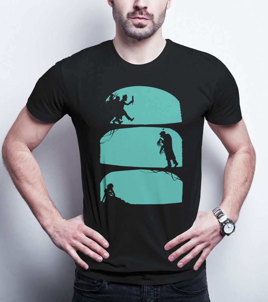 Hunt The Zombie Silhouette Chase With Weapon, Creeping Figure, And Hiding Woman T-Shirt