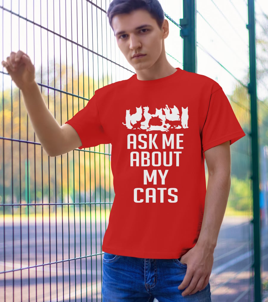 Ask Me About My Cats With White Silhouette Cats T-Shirt