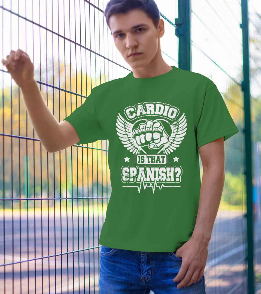 Cardio Is That Spanish Bold Fist And Wings With Heartbeat Line T-Shirt