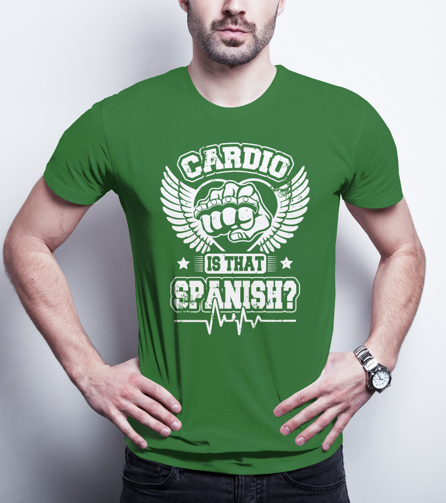 Cardio Is That Spanish Bold Fist And Wings With Heartbeat Line T-Shirt