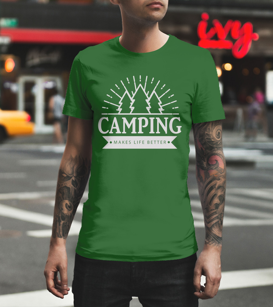 Camping Makes Life Better With Forest Trees And Radiant Sunburst T-Shirt