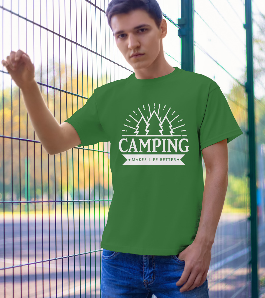 Camping Makes Life Better With Forest Trees And Radiant Sunburst T-Shirt