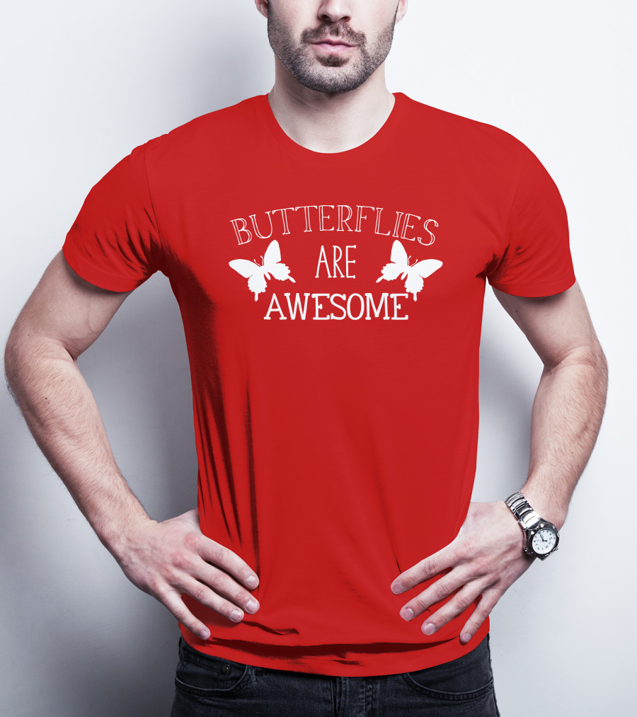 Butterflies Are Awesome Bold Text With Butterfly Silhouettes On Red T-Shirt