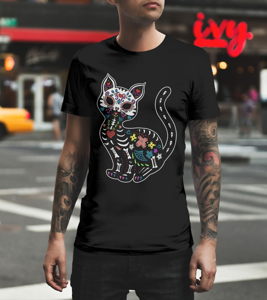 Calavera Cat Dia De Los Muertos Sugar Skull Colorful Skeleton Decor T-Shirt