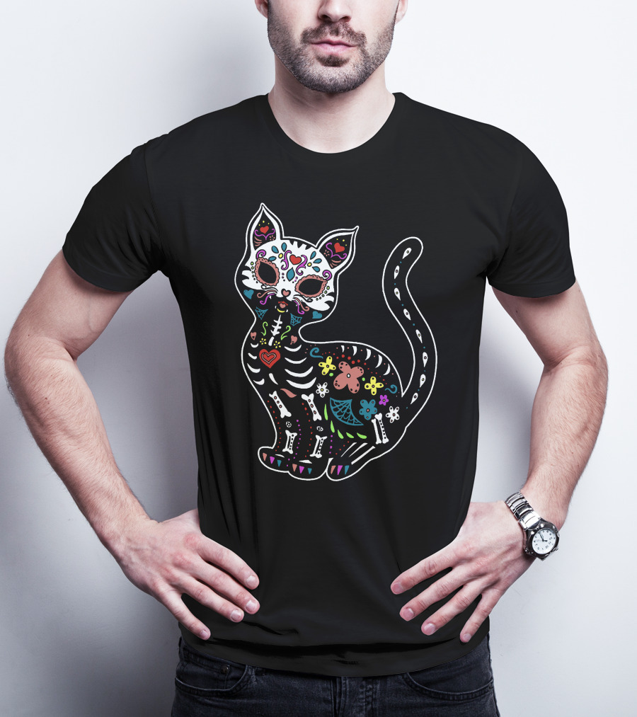 Calavera Cat Dia De Los Muertos Sugar Skull Colorful Skeleton Decor T-Shirt