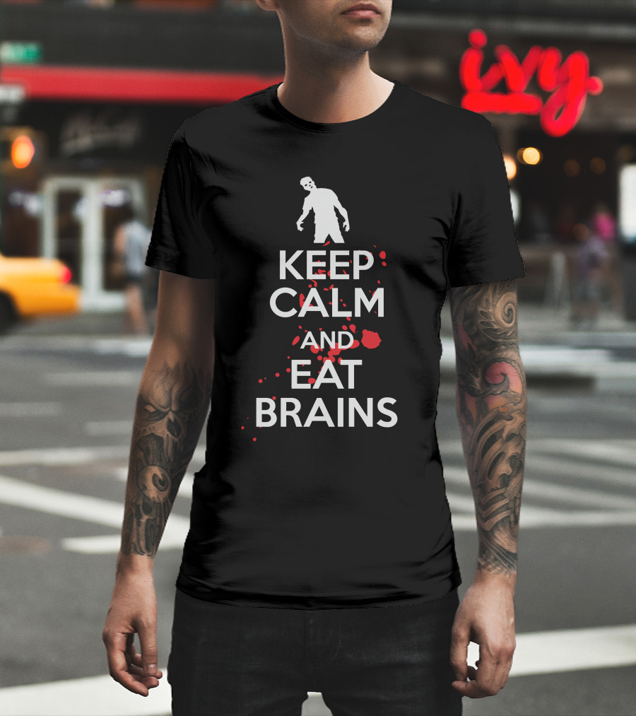 Keep Calm And Eat Brains Zombie Blood Splatter T-Shirt
