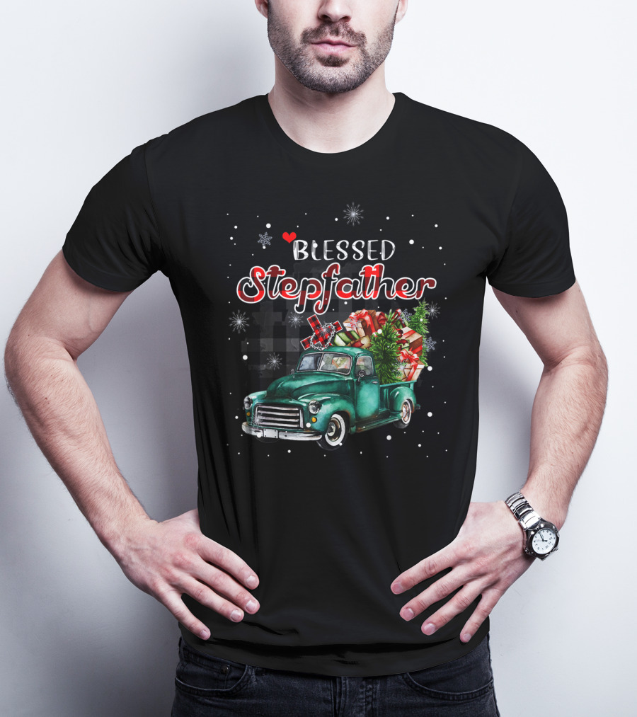 Blessed Stepfather Vintage Truck Christmas Plaid Snowflakes T-Shirt