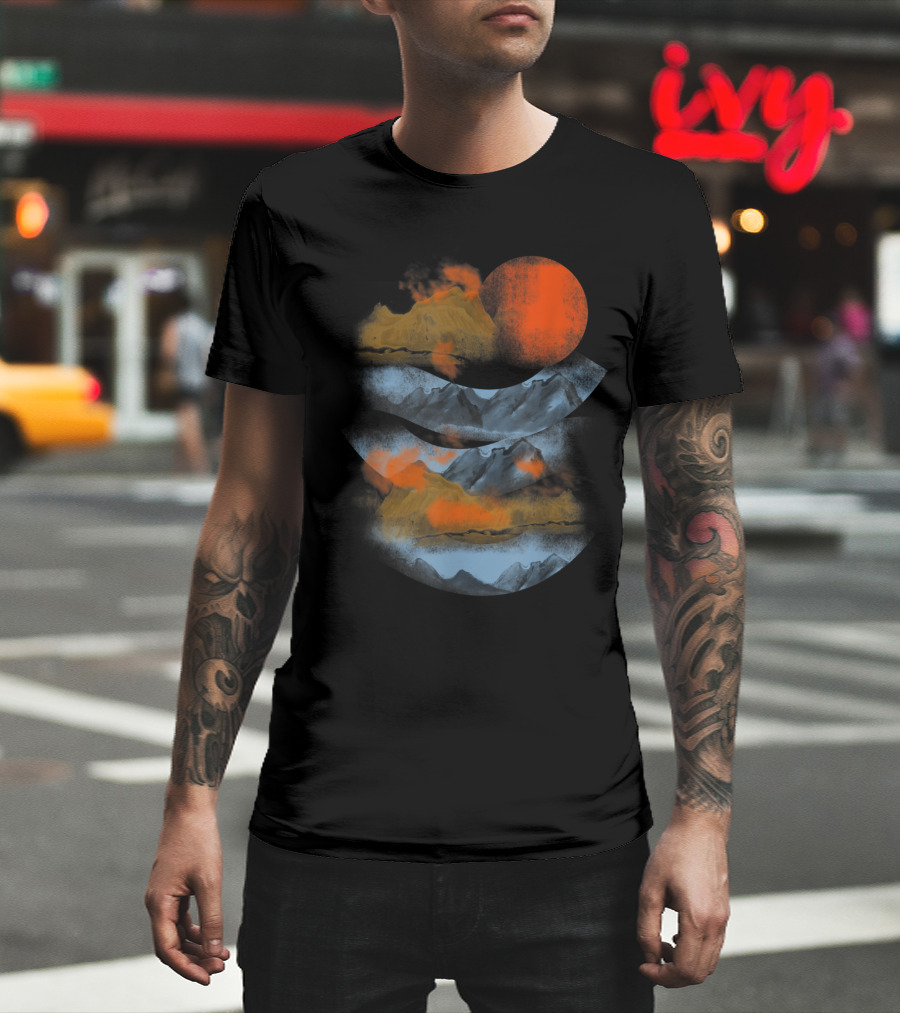 Blurry Mountains Clouds With Red Sun And Smoky Peaks T-Shirt
