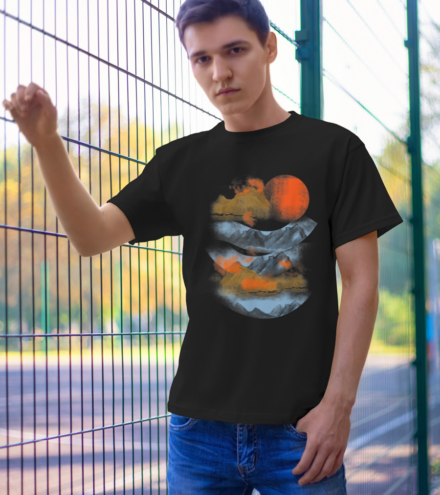 Blurry Mountains Clouds With Red Sun And Smoky Peaks T-Shirt