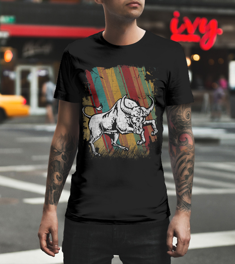 Retro Distressed Grunge Buffalo With Vintage Color Stripes T-Shirt