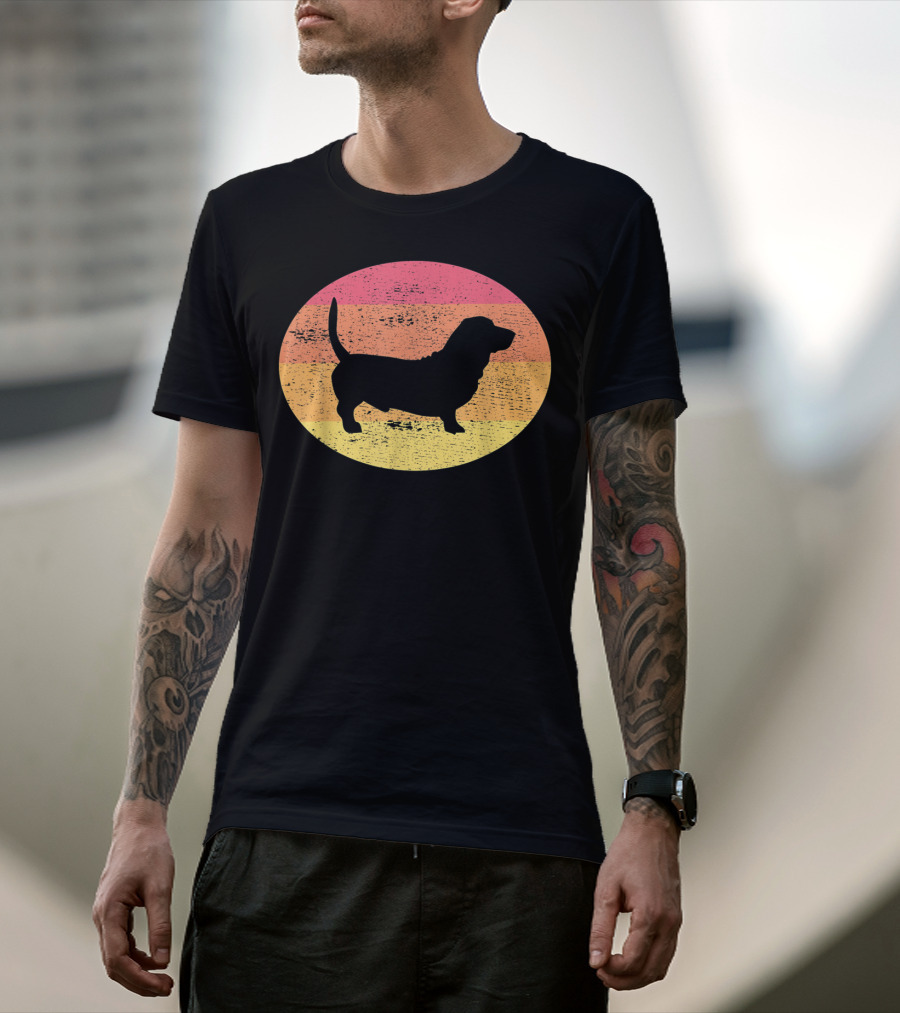 Basset Hound Silhouette Retro Vintage Dog Sunset Oval T-Shirt