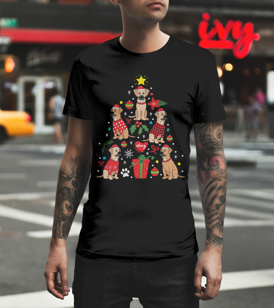 Black Mouth Cur Dog Christmas Tree T-Shirt